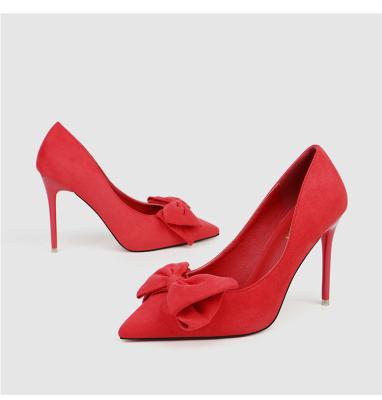 China ZM014 New Fashion Sweet Stiletto Super High Heel Shallow Mouth Pointed Suede Bow Women'S Single Shoes for sale