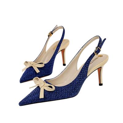 China 8999-7 Korean Fashion Woven Shallow Mouth Pointed Toe Color Matching Small Bow Hollowed Back Strap Single Shoes Female H for sale