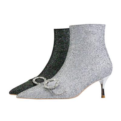 China 188-3 Korean Fashion Banquet Short Boots Are Thin Sexy Pointed Stiletto High Heel Suede Shiny Rhinestone Short Boots Wom for sale