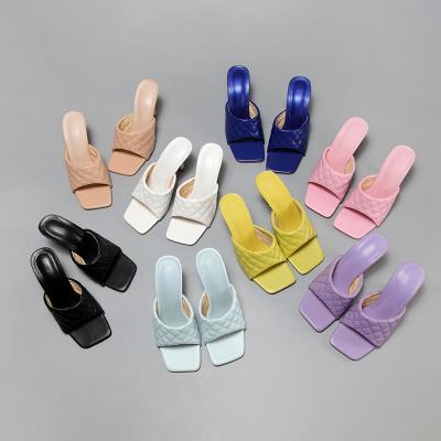 China BS109 Women'S Shoes Candy Color Fashion High Heels Square Plaid Spring And Summer High Heel Sandals Wholesale PU Women'S for sale