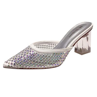 China 3111-2 Korean Fashion Pointed Shallow High Heeled Shoes Net Red Diamond Sandals Thick Heel Gauze Show Thin Back Empty Wo for sale