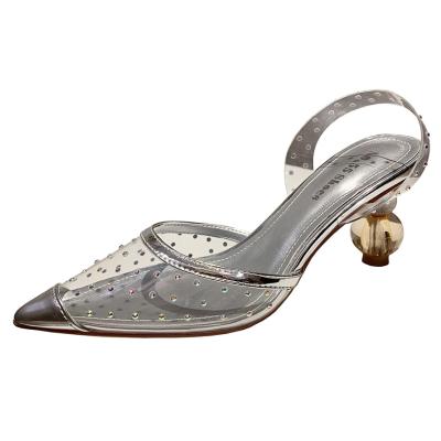 China 6111-3 Korean Fashion Pointed Shallow Mouth Transparent High Heels Sexy Rhinestone Sandals With A Back Empty Women'S Sho for sale