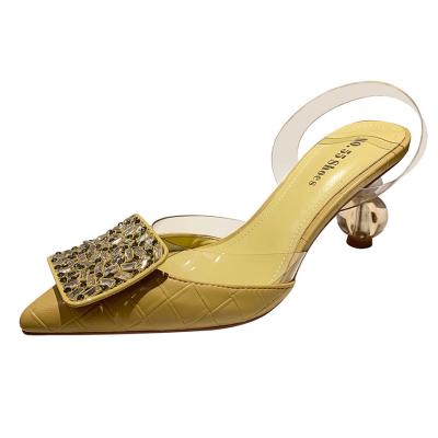 China 6111-6 Korean Fashion Pointed Shallow Mouth High Heels Rhinestones Thin Square Buckle Sandals Net Red One Word Belt Wome for sale