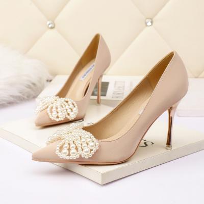 China 7123-3 Fashion Pointed Shallow Mouth High Heels Nightclub Thin Sexy Single Shoes Net Red Butterfly Pearl Women'S Shoes for sale