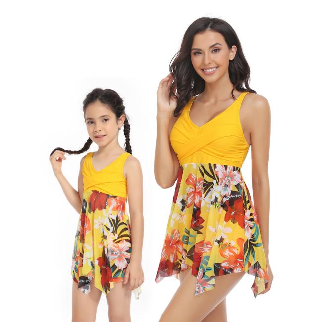 Parent-child swimwear tulle skirt two-piece set factory in stock wholesale mommy and children's tankini swimsuit
