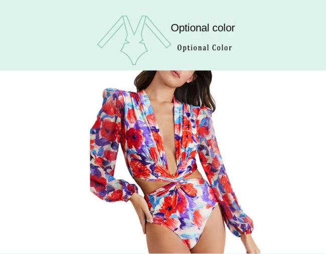One-piece swimsuit sexy hollow long-sleeved printed woman Beach swimsuit
