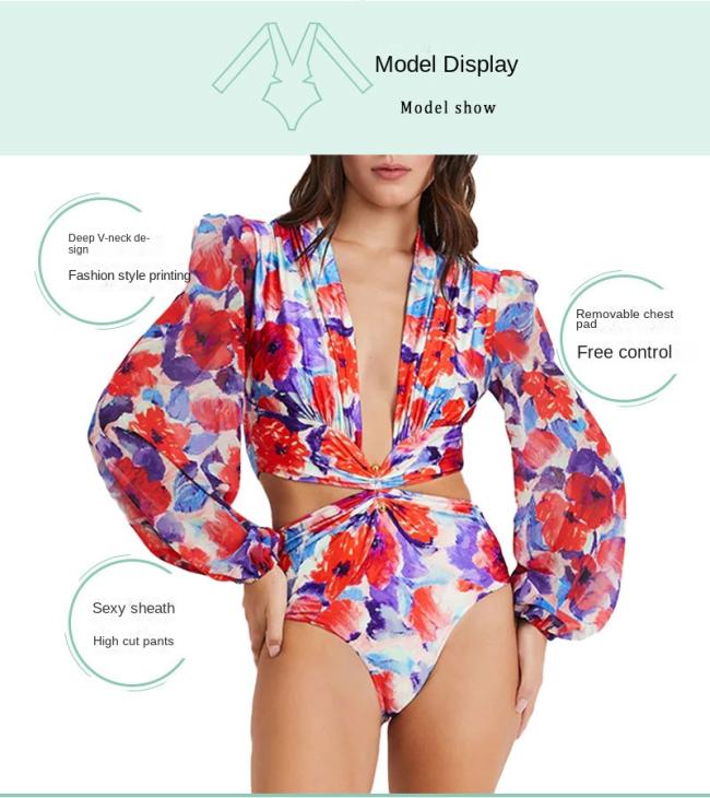 One-piece swimsuit sexy hollow long-sleeved printed woman Beach swimsuit