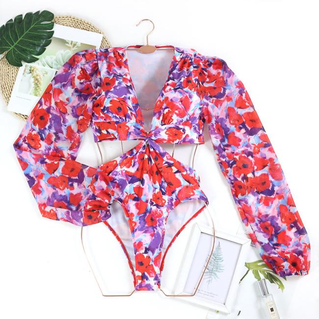 One-piece swimsuit sexy hollow long-sleeved printed woman Beach swimsuit