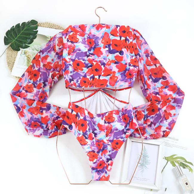 One-piece swimsuit sexy hollow long-sleeved printed woman Beach swimsuit