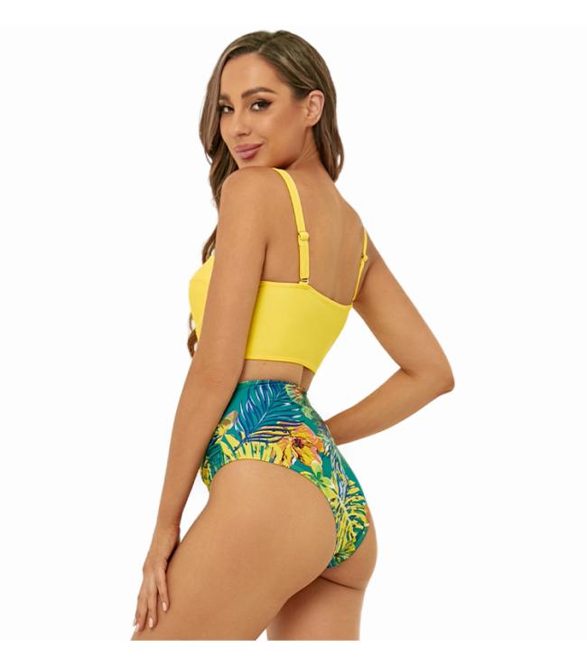 Women's pure color swimsuit bikini sexy backless high waist triangle split swimsuit