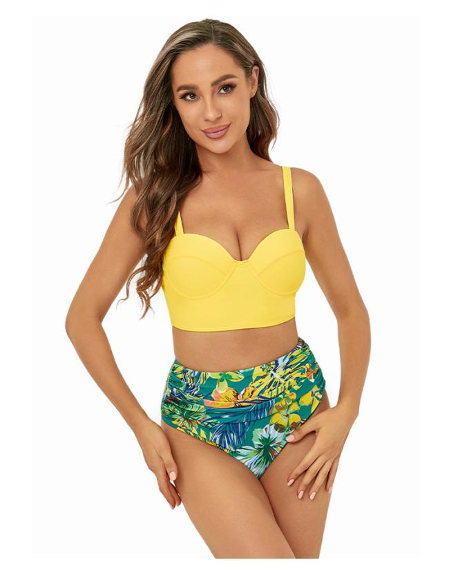 Women's pure color swimsuit bikini sexy backless high waist triangle split swimsuit
