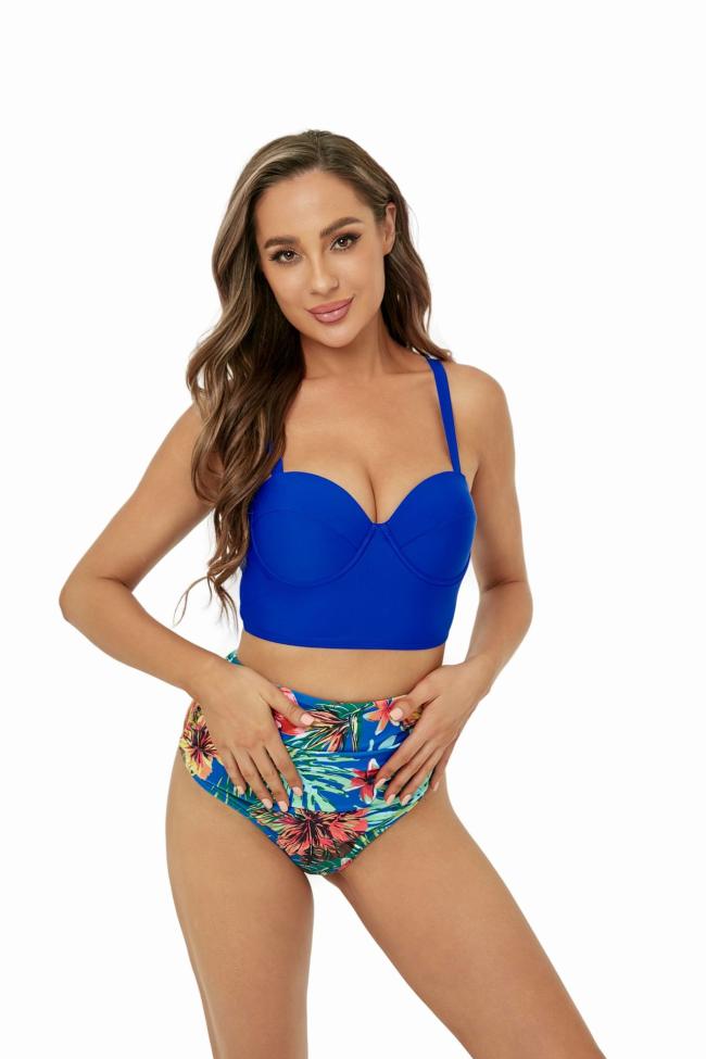 Women's pure color swimsuit bikini sexy backless high waist triangle split swimsuit