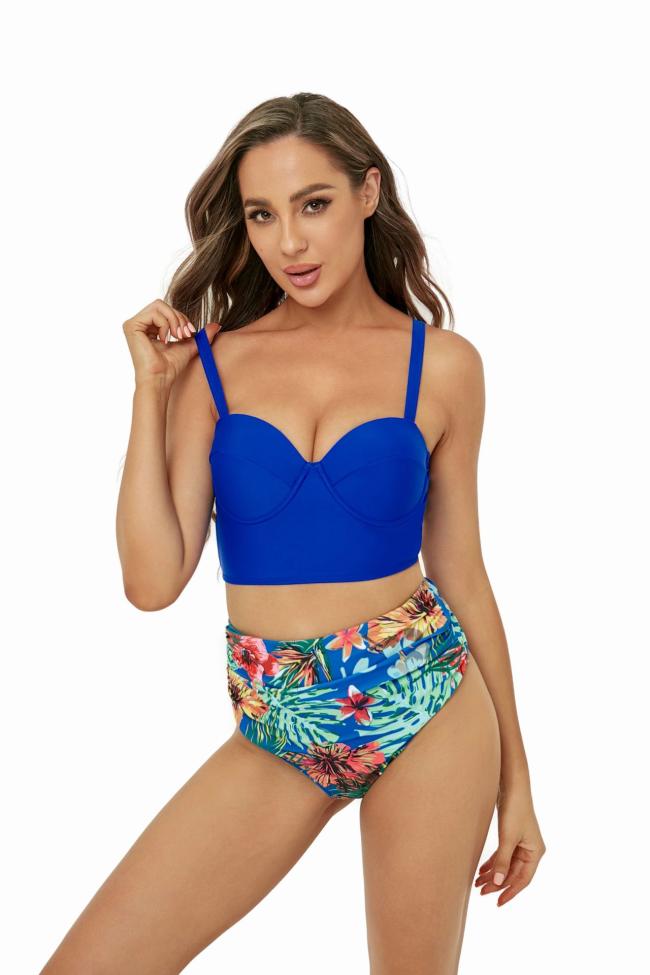 Women's pure color swimsuit bikini sexy backless high waist triangle split swimsuit