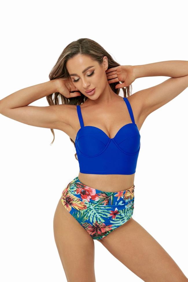 Women's pure color swimsuit bikini sexy backless high waist triangle split swimsuit