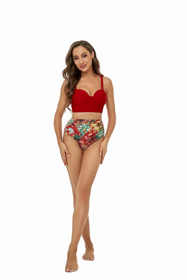 Women's pure color swimsuit bikini sexy backless high waist triangle split swimsuit