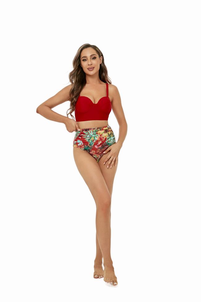 Women's pure color swimsuit bikini sexy backless high waist triangle split swimsuit