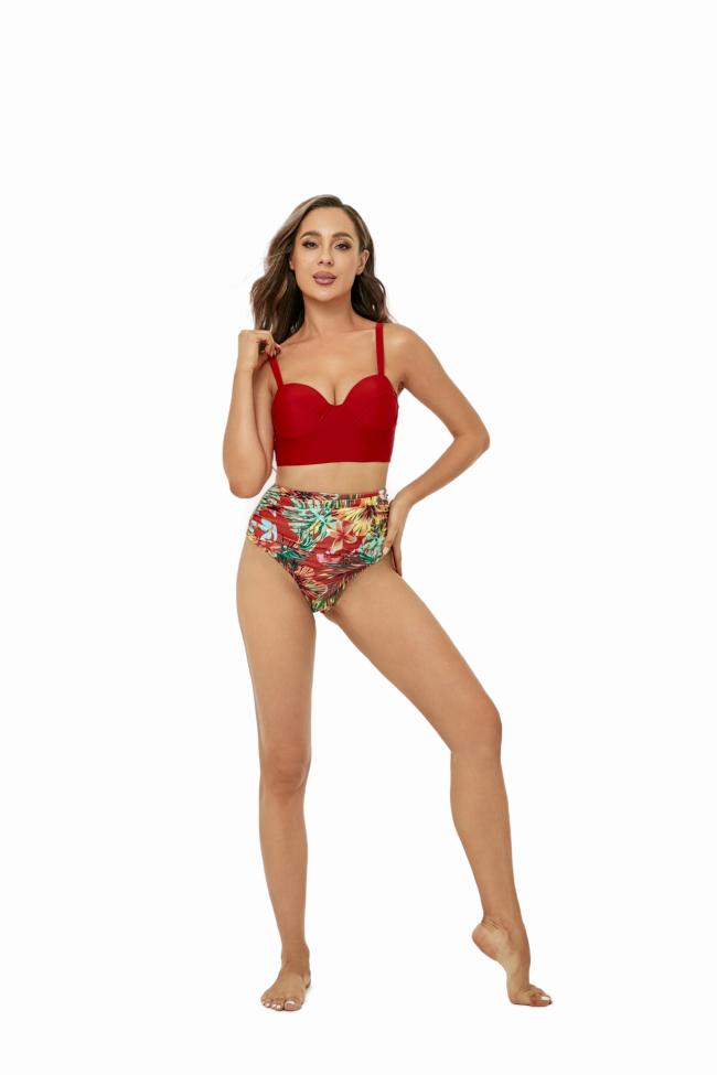 Women's pure color swimsuit bikini sexy backless high waist triangle split swimsuit