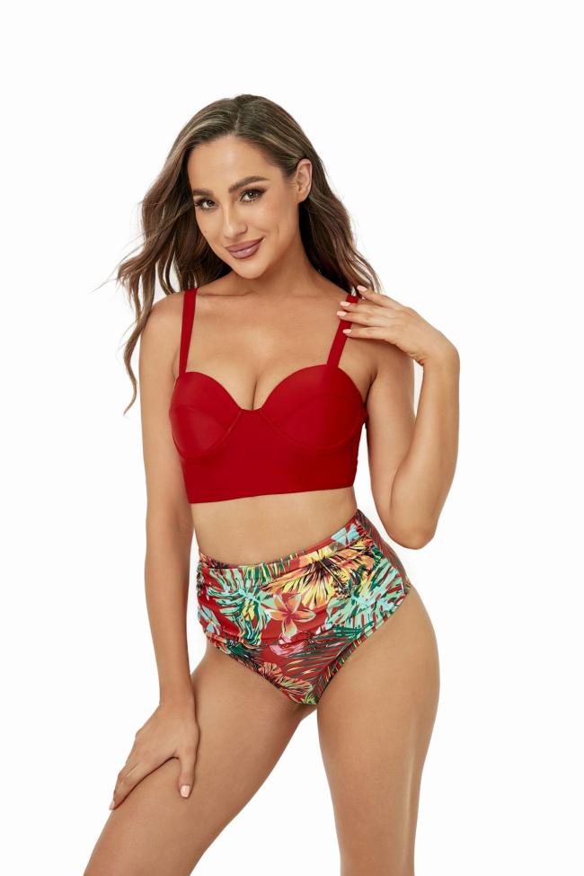 Women's pure color swimsuit bikini sexy backless high waist triangle split swimsuit