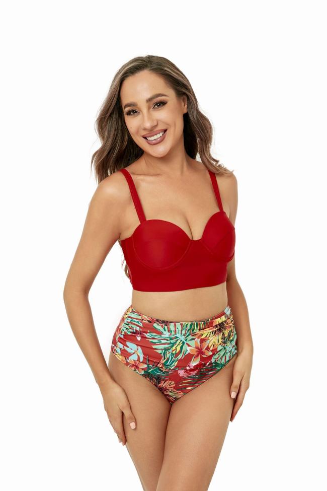 Women's pure color swimsuit bikini sexy backless high waist triangle split swimsuit