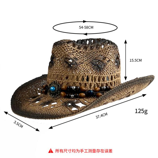 Wind proof rope breathable beaded strap straw hat men's outdoor Knight hollow Western cowboy hat