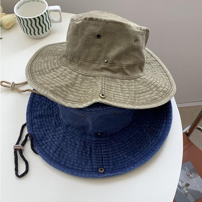 Western Cowboy Fisherman Hat Cotton Outdoor Camping Summer Hat Solid Color Big Brim Bucket Hat