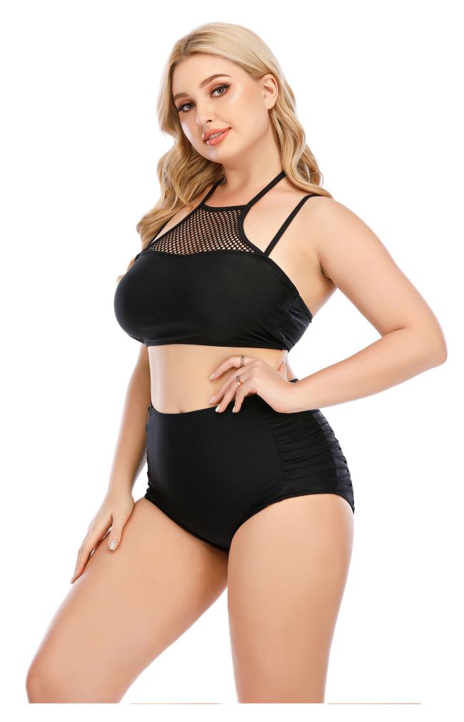High waist black camisole split plus-sized women's swimsuit sexy mesh bikini swimsuit