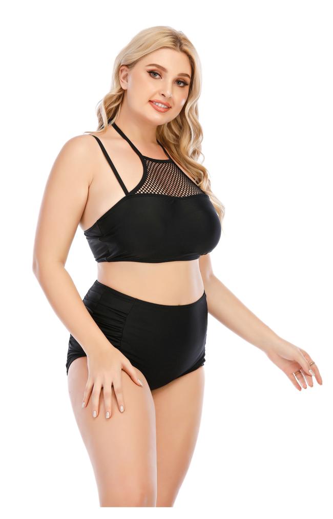 High waist black camisole split plus-sized women's swimsuit sexy mesh bikini swimsuit
