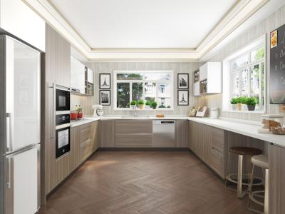 China Wandgebouwde moderne grijze keukenkasten Melamine MDF Klaargemaakte kasten Te koop
