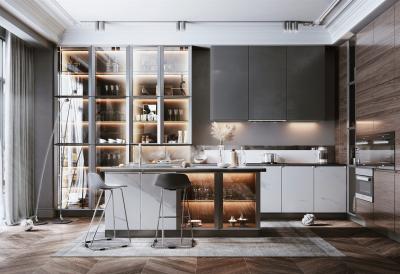 Cina Mobile isola cucina a cascata a forma di L in MDF laccato opaco, melaminico, per uso residenziale in vendita