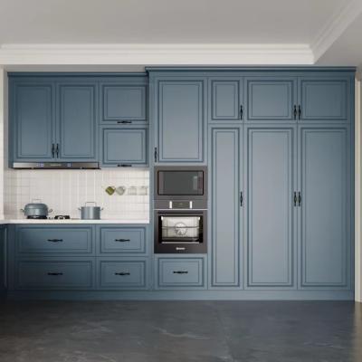 China Melamine Solid Wood Laminate Blue Gray Kitchen Cabinets Scratch Resistant Traditional Cabinets Kitchen for sale