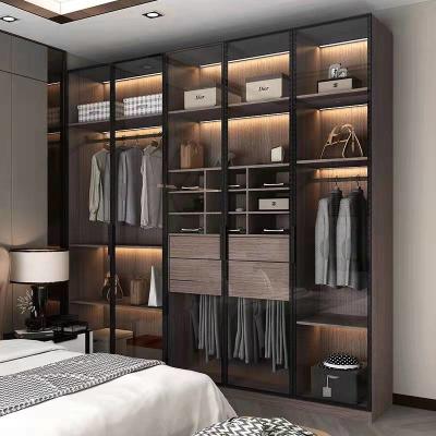China Smooth auto Black Bedroom Glass Wardrobe Melamine Custom Swing Door Closet for sale
