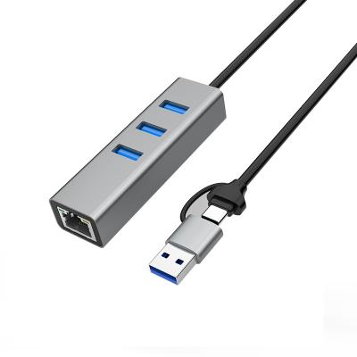 China Dual Interface USB3.0 USB A HUB RJ45 Ethernet Adapter With 60CM Extension USB Cable for sale