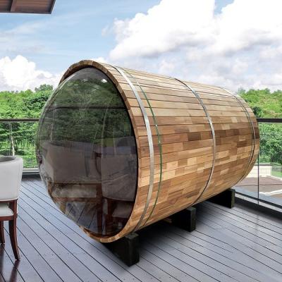 China Outdoor Large Capacity Panoramic View Cedar Barrel Saunas With Electric Heater for sale