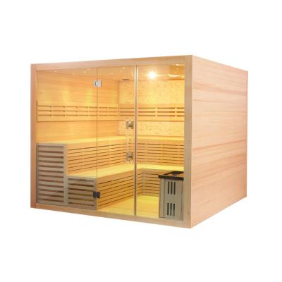 Chine Rectangular Wood Color Home Sauna Room With Tempered Glass Safety System 0-60 Minutes Timer à vendre
