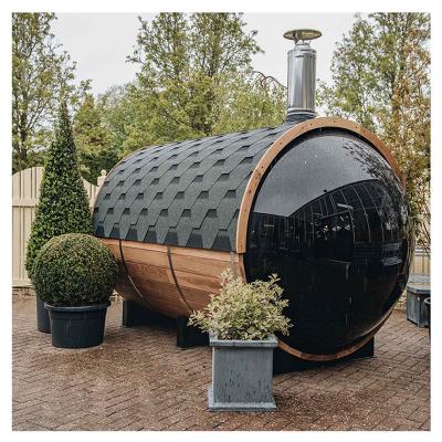 Cina Panoramic Window Wood Cedar Barrel Sauna 6 Person With Wood Burning Heater in vendita