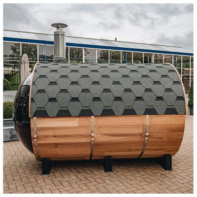 Cina Panoramic Window Wood Cedar Barrel Sauna 6 Person With Wood Burning Heater in vendita