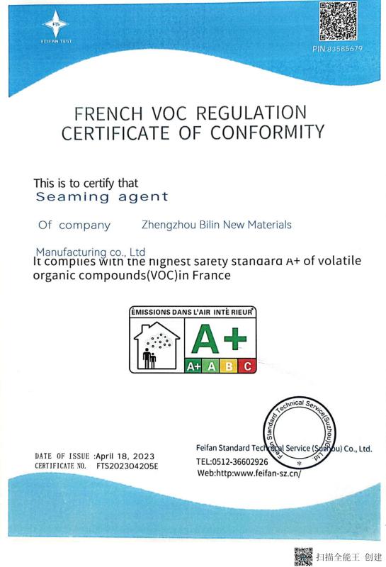 French VOC Compliance Certificate - Zhengzhou Bilin New Materials Manufacturing Co., Ltd.