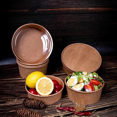 China Kraft Paper Round Salad Bowl with PET/PP Lid in 500ml 750ml 1000ml Sizes for Fresh Salads for sale
