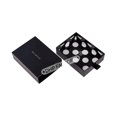 China Custom Soft Touch Lamination Black Slider Drawer Ribbon Handle Box UV Logo for sale