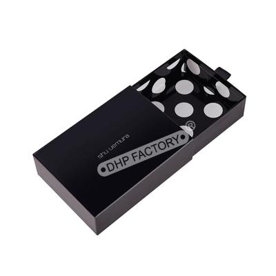 China Custom Soft Touch Lamination Black Slider Drawer Ribbon Handle Box UV Logo for sale