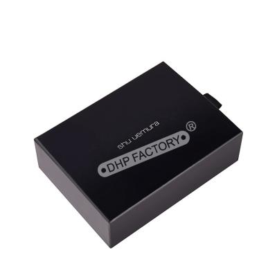 China Custom Soft Touch Lamination Black Slider Drawer Ribbon Handle Box UV Logo for sale
