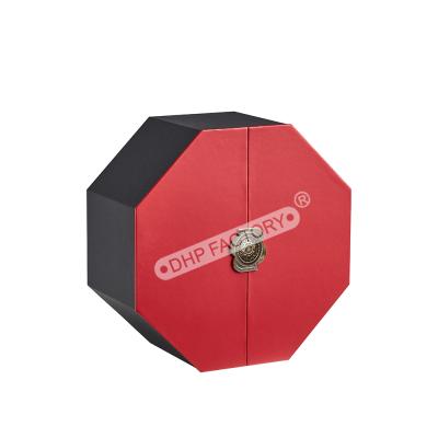 China Premium Octago Cosmetic Doule Open Box Metal Logo EVA Insert For Luxury Gift Box for sale