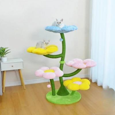 China Luxury Small-Size Wood Cat Climbing Frame Nest Rack Sisal Pet Scratch Pillar with Flower Toy No Land Occupation Packed in Carton for sale
