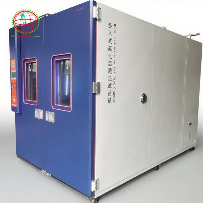 Walk-in environmental test chamber interior view showing testing setup