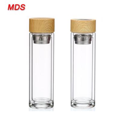 China 350ml double wall glass tea infuser water bottle with bamboo lid for sale