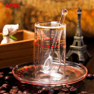 China Borosilicate cylinder double wall turkish glass tea cup with plate and spoon for sale