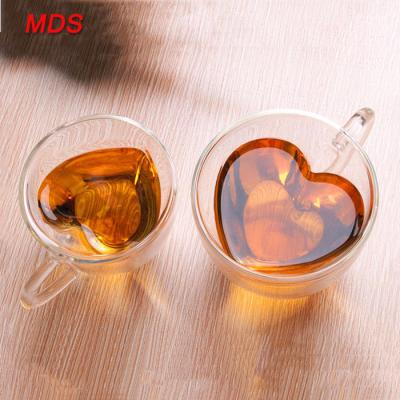 China Heart shaped transparent double layer glass tea coffee cup mug for sale