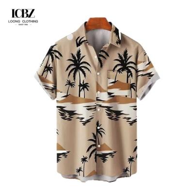 Cina T-shirt da campeggio hawaiano stampato su misura per uomini Allover Logo Design Chiusura a bottone coperto in vendita