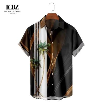 Cina T-shirt da campeggio hawaiano stampato su misura per uomini Allover Logo Design Chiusura a bottone coperto in vendita