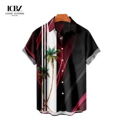 Cina T-shirt da campeggio hawaiano stampato su misura per uomini Allover Logo Design Chiusura a bottone coperto in vendita